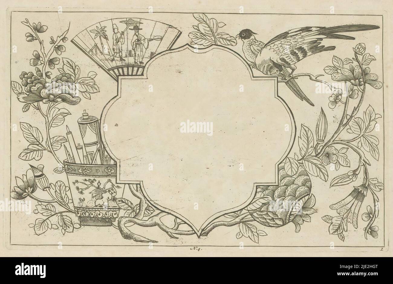 Cartouche with around Chinese motifs, flowers and birds, Chinese ...