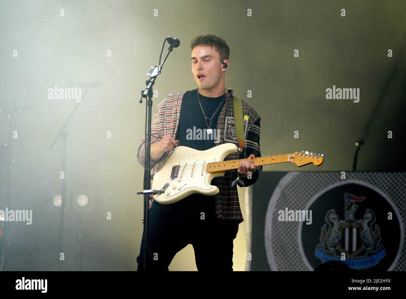 Sam Fender performs on the Pyramid Stage at the Glastonbury Festival at ...