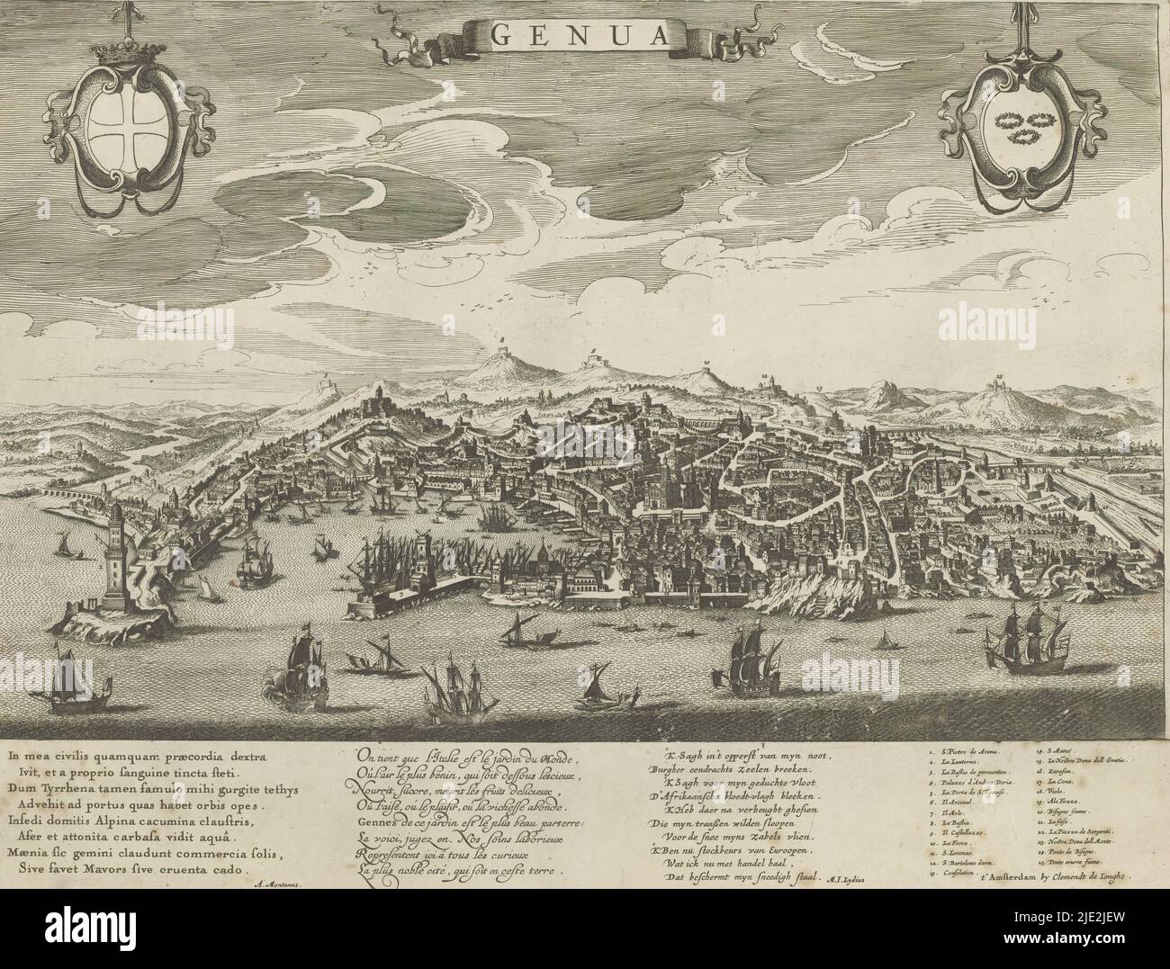 View of Genoa, Top left the coat of arms of Genoa. Top center the name ...