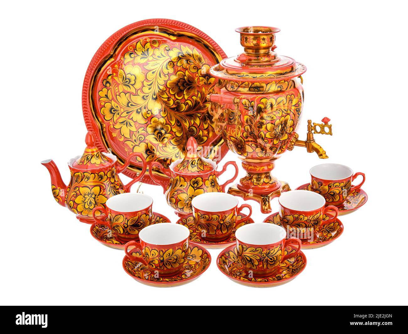 Tea Set of Old Traditional Russian folk utensils. Dishes with handmade ...