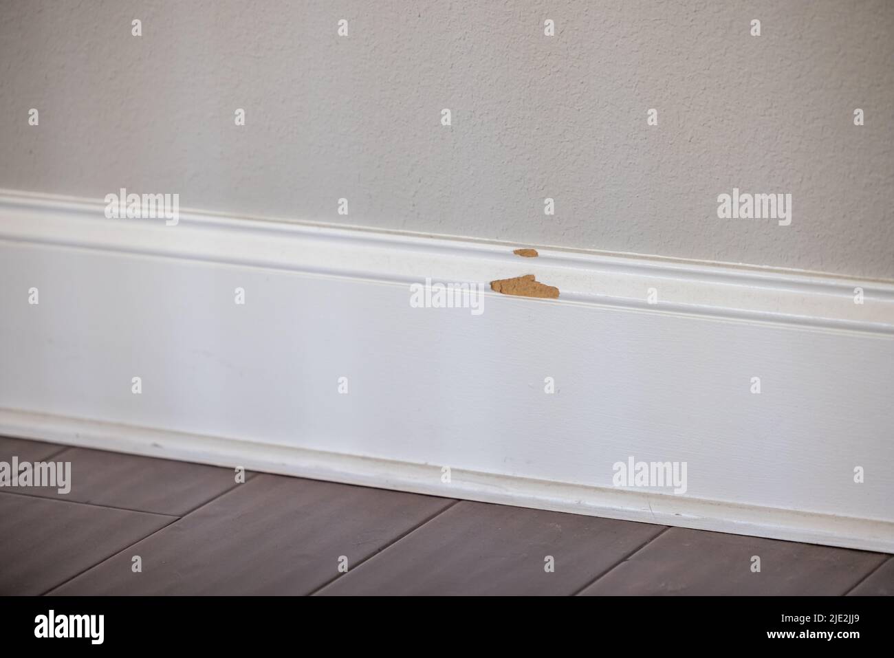 The white painted baseboard trim on a new construction house that has a ...