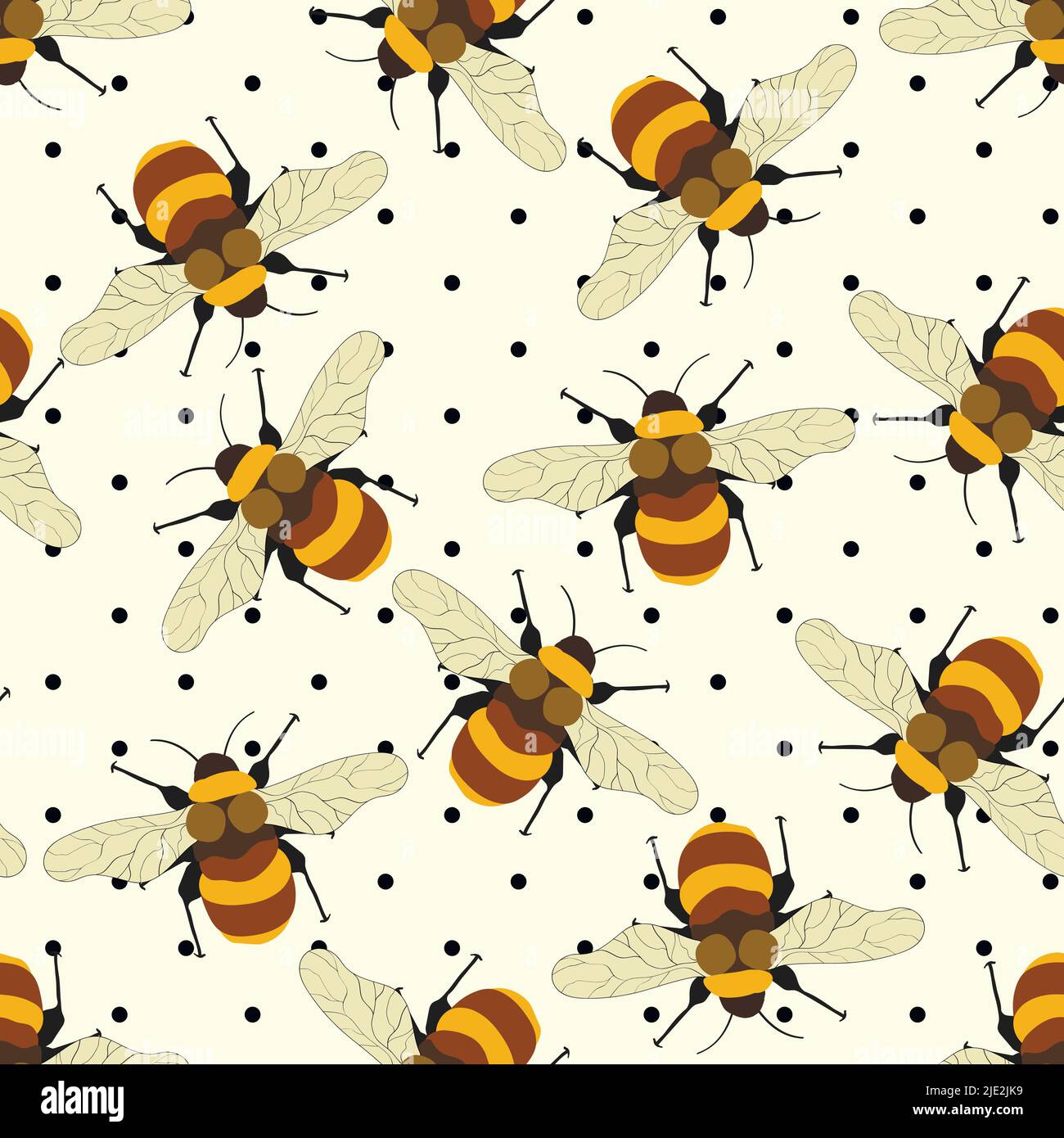 Seamless pattern with bees on white polka dots background. Small wasp ...