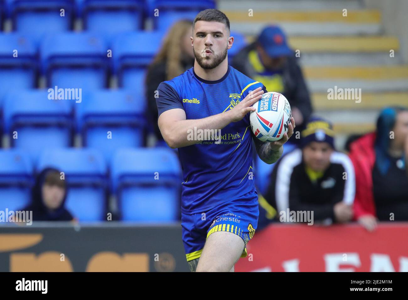 Connor Wrench #23 of Warrington Wolves during the pre match warm up ...