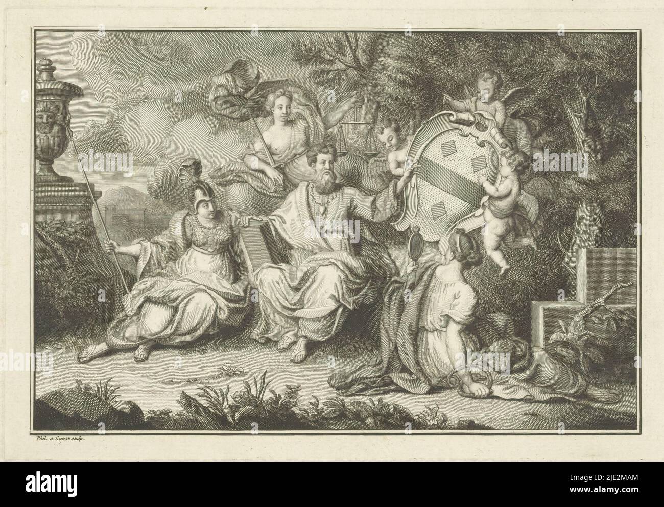 Van de Poll family coat of arms in allegorical setting, Minerva ...