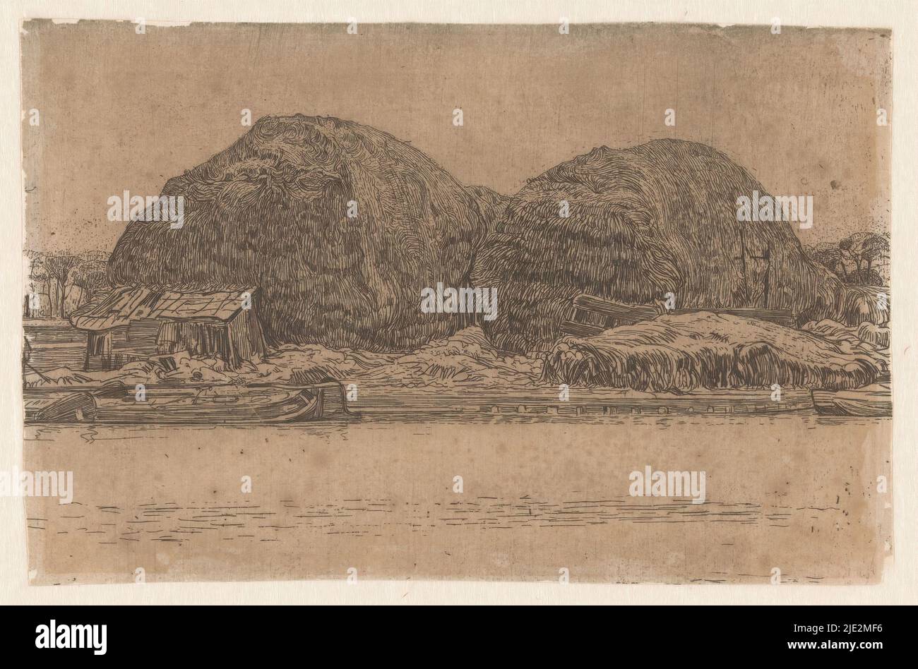 Two haystacks by the water, In the water two moored barges., print ...