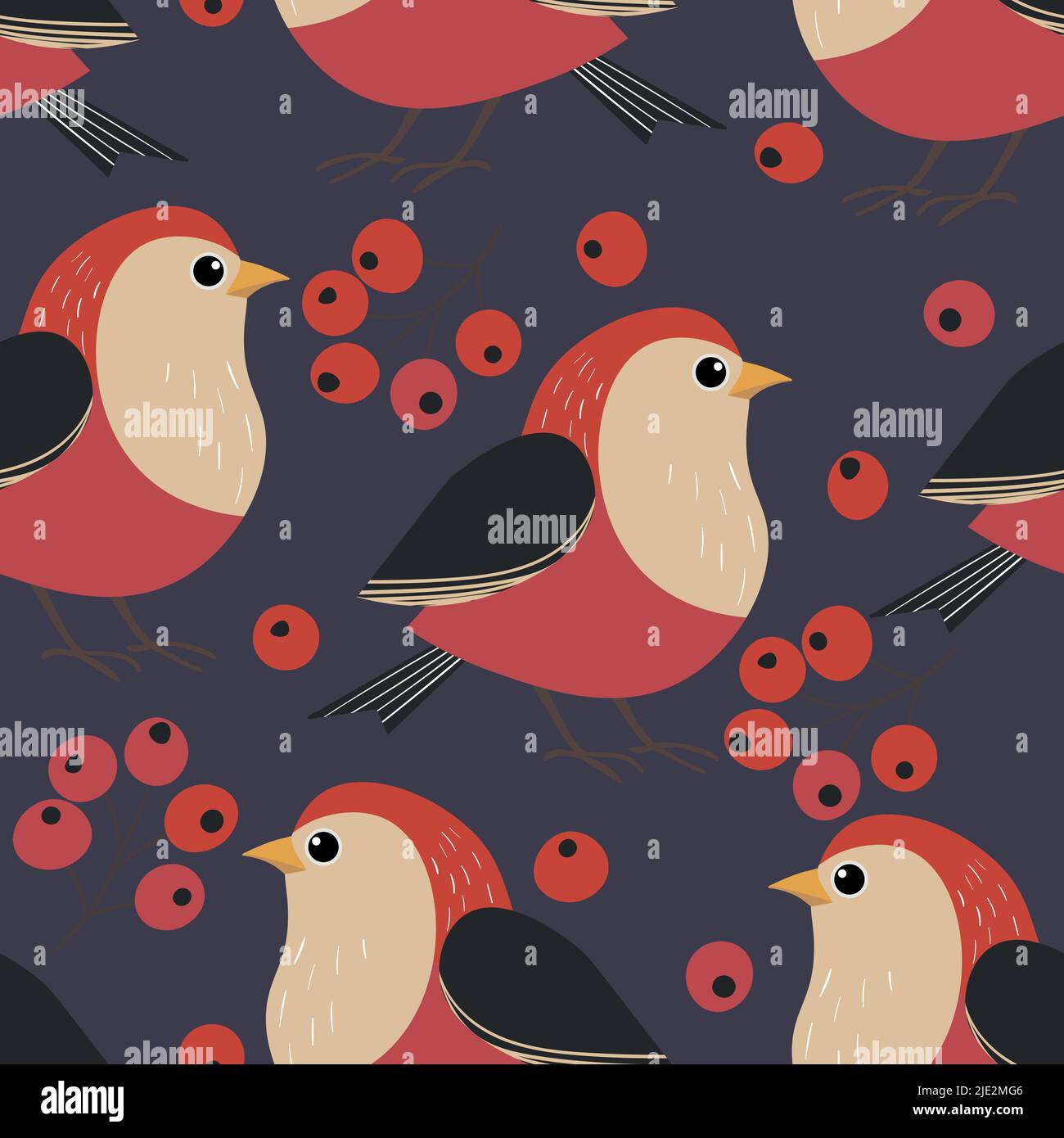 Seamless pattern with funny colorful birds, flowers, leaves and berries ...
