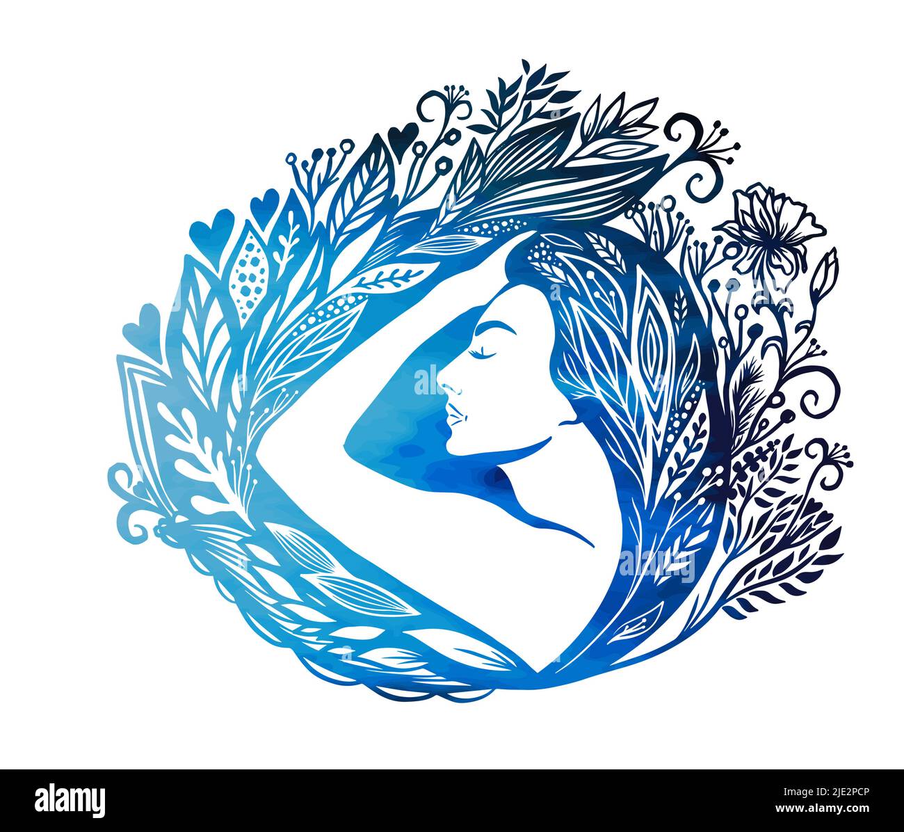 Profile of a beautiful girl in flowers and leaves. Mixed media ...