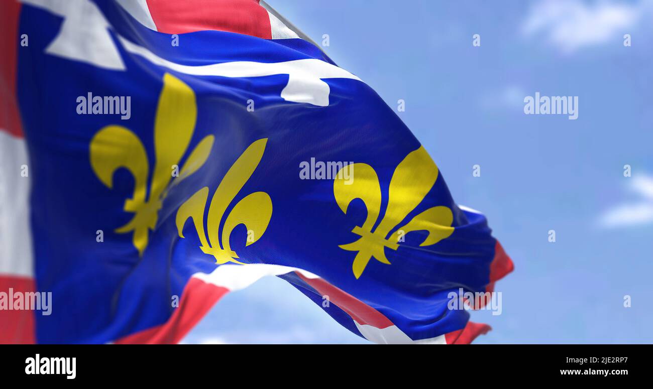 Rear view of the Centre Val de Loire flag waving in the wind on a clear ...