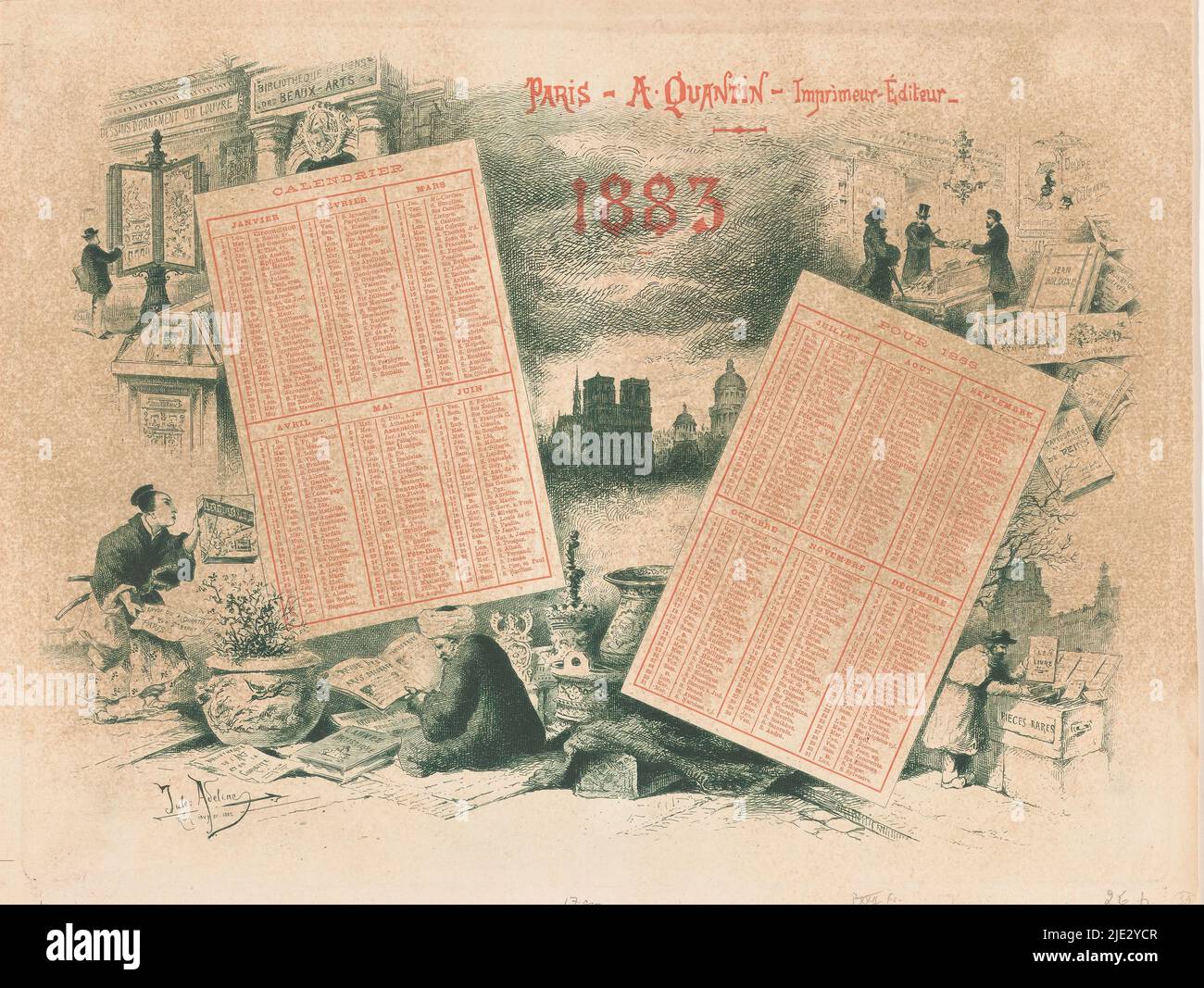 Calendar from publisher A. Quantin for the year 1883, Above a man in a ...