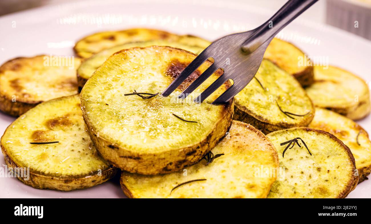 Fried and sliced Brazilian sweet potato, Latin American tuber used as ...