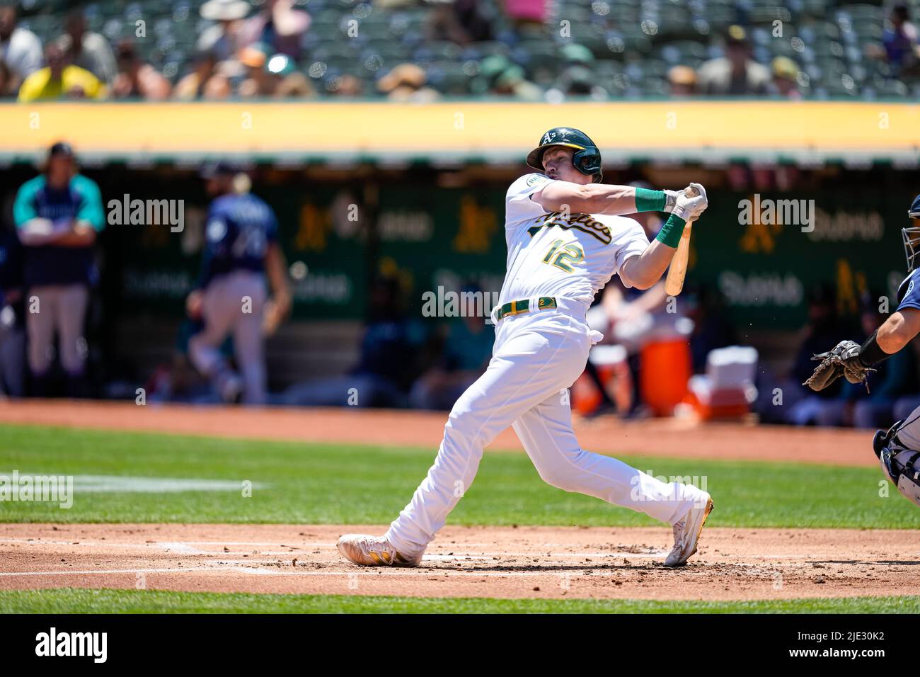 Oakland Athletics Catcher Sean Murphy (12) at bat during an MLB game ...