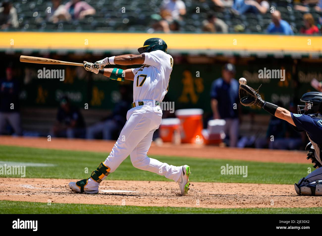 Oakland Athletics Infielder Elvis Andrus (17) at bat during an MLB game ...