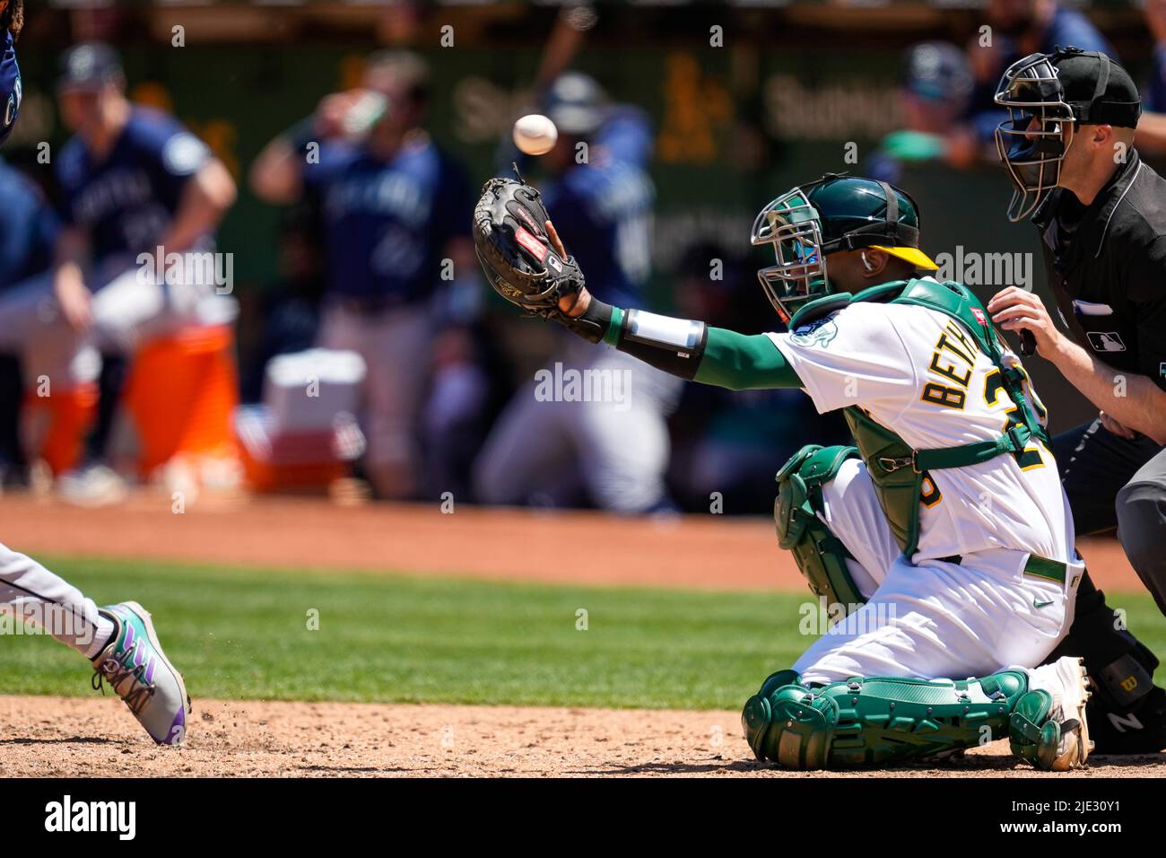 Oakland Athletics Catcher Christian Bethancourt (23) misses a foul ball ...