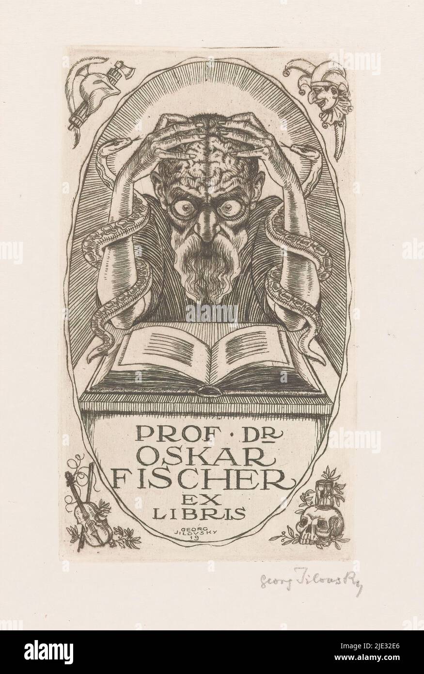 Ex libris of Prof. Dr. Oskar Fischer, Oval showing a man reading in ...