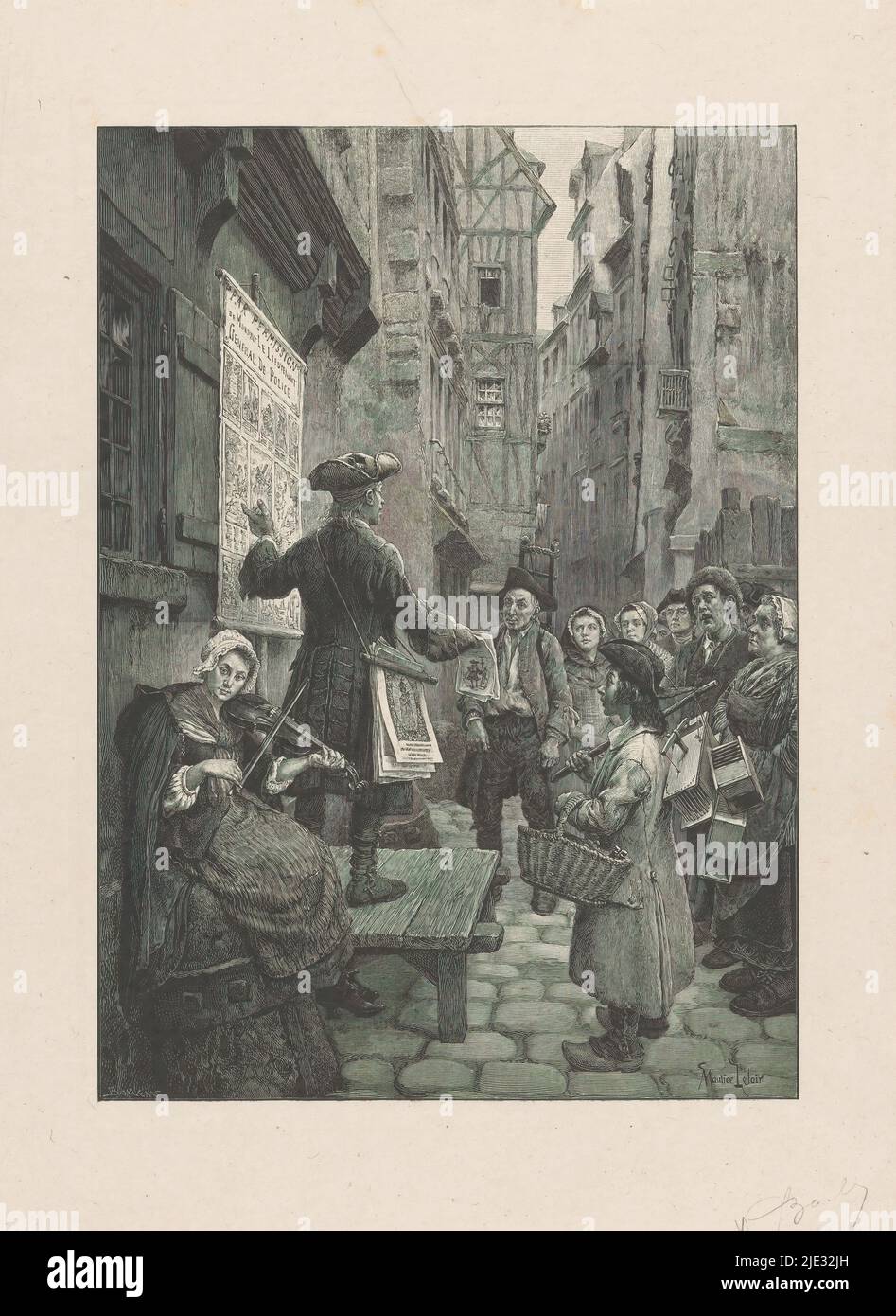 Print seller on a stage, On a stage in an alley stands a print seller ...