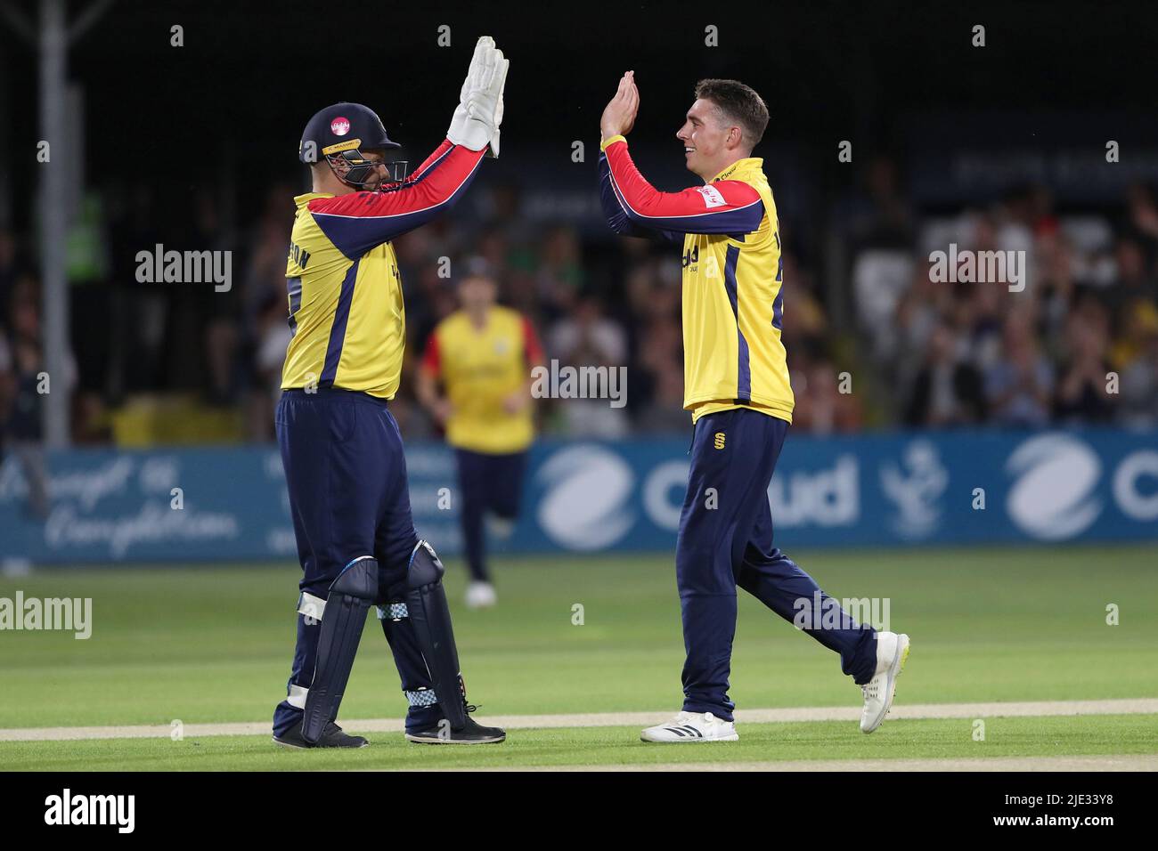 Daniel Lawrence of Essex celebrates with his team mates after taking ...