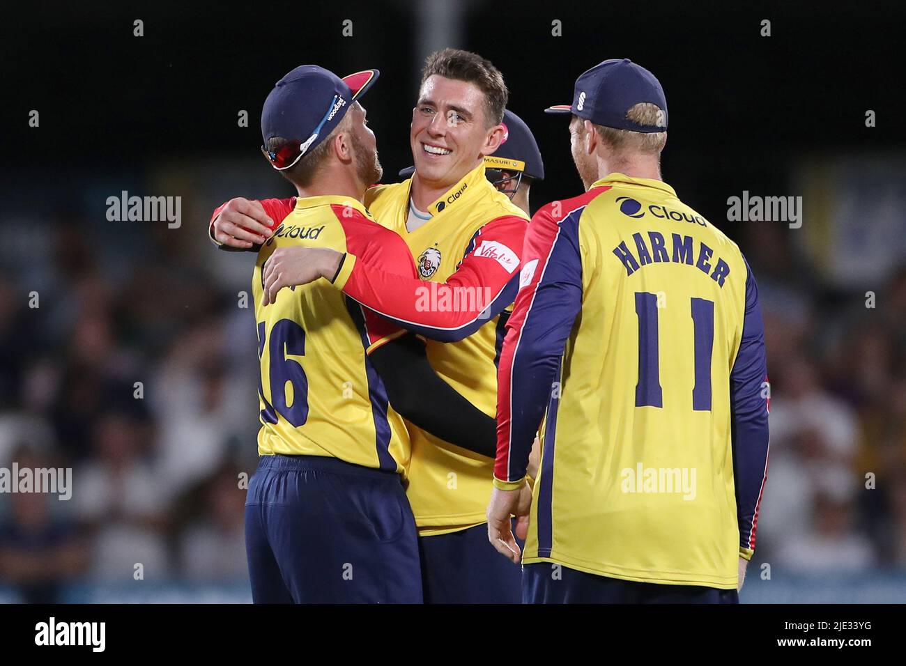 Daniel Lawrence of Essex celebrates with his team mates after taking ...