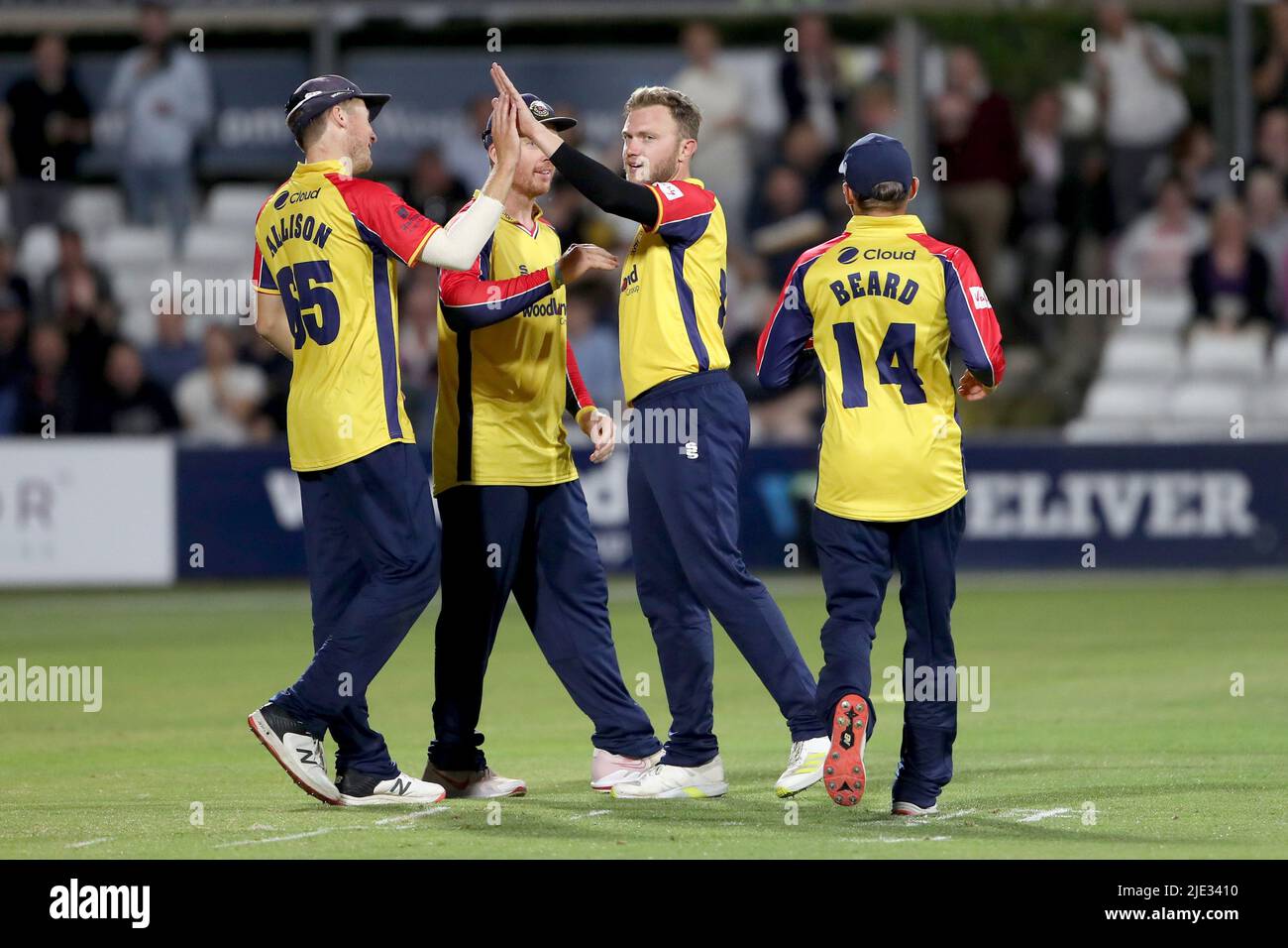 Sam Cook of Essex celebrates with his team mates after taking the ...