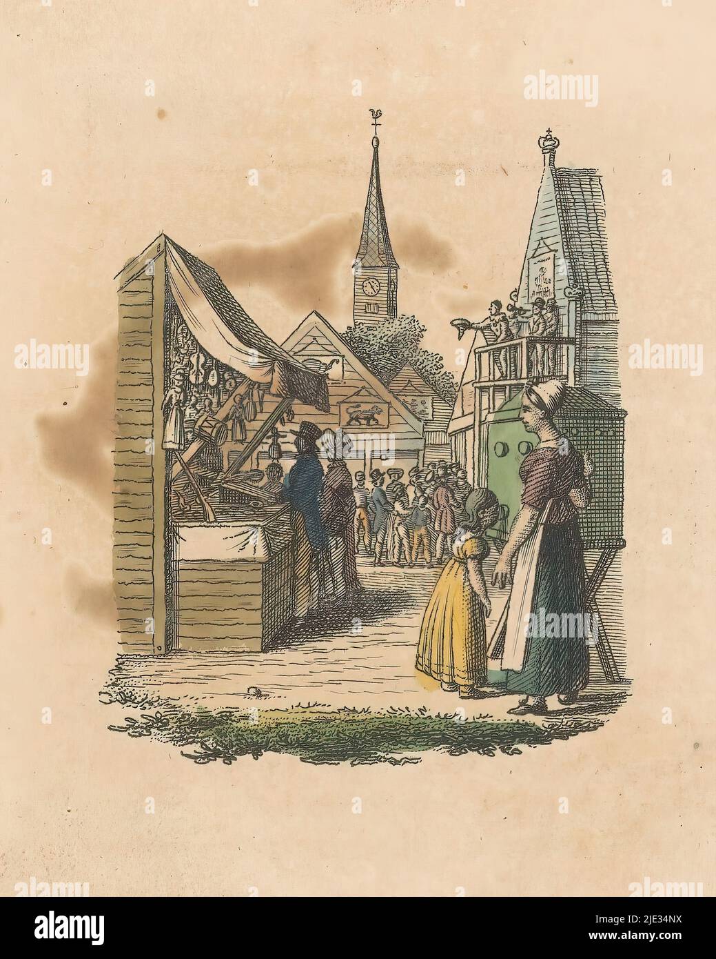 Viewing box at a fair, View of a village square with a shooting gallery ...