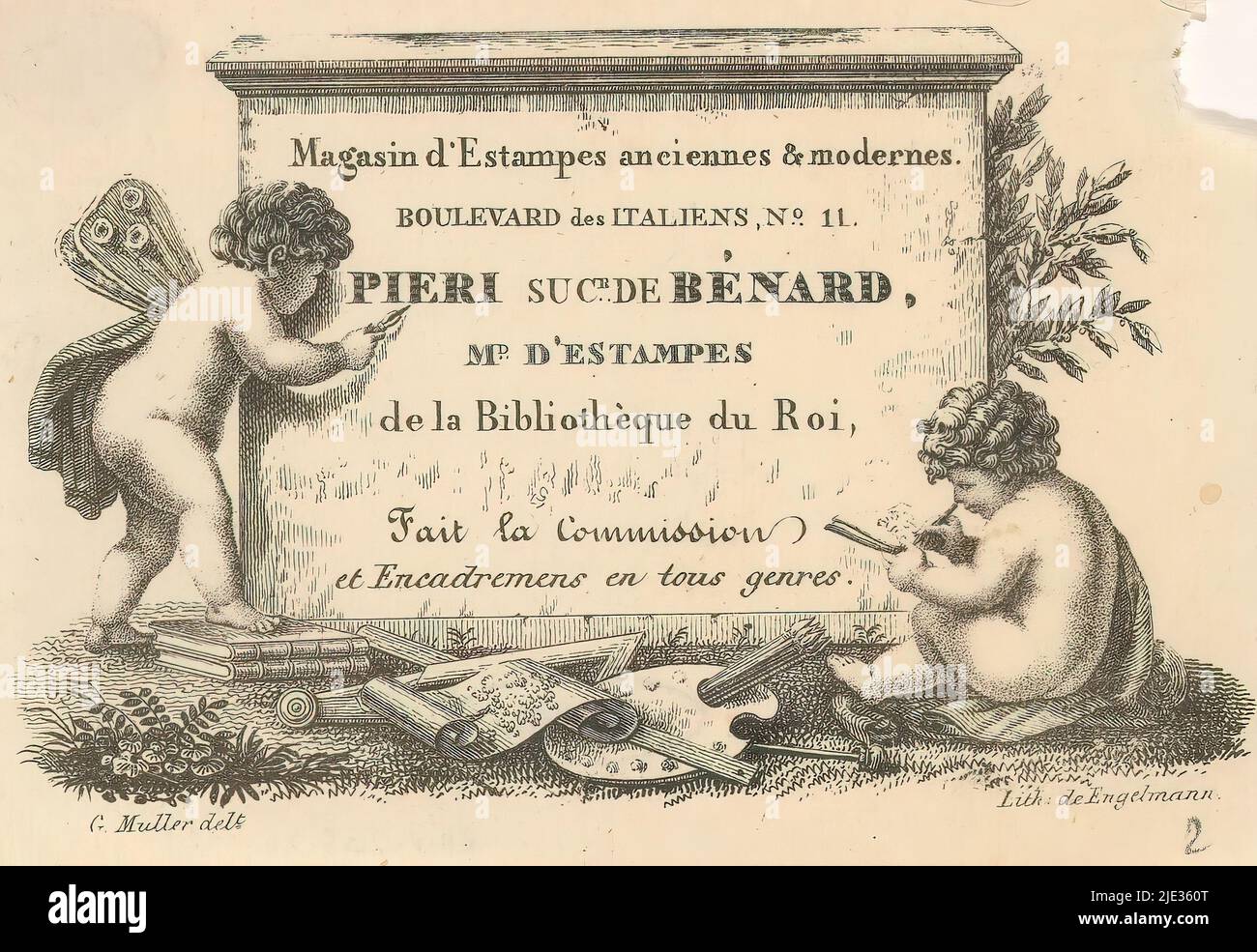 Business card of print shop Piéri in Paris, A putto is drawing on a ...