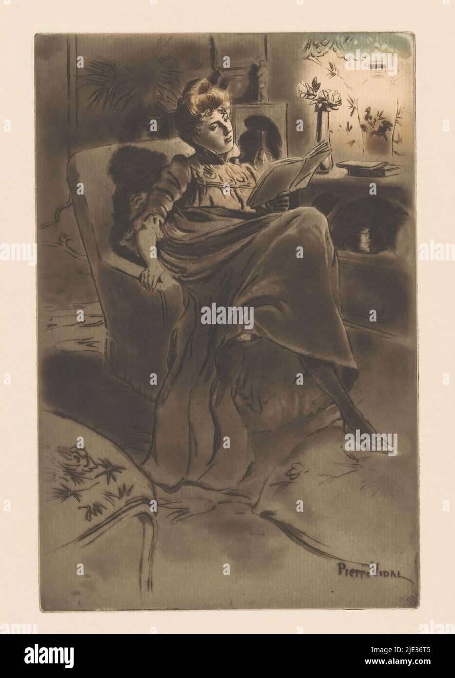 Interior with a woman reading in a chair, print maker: Pierre Vidal ...