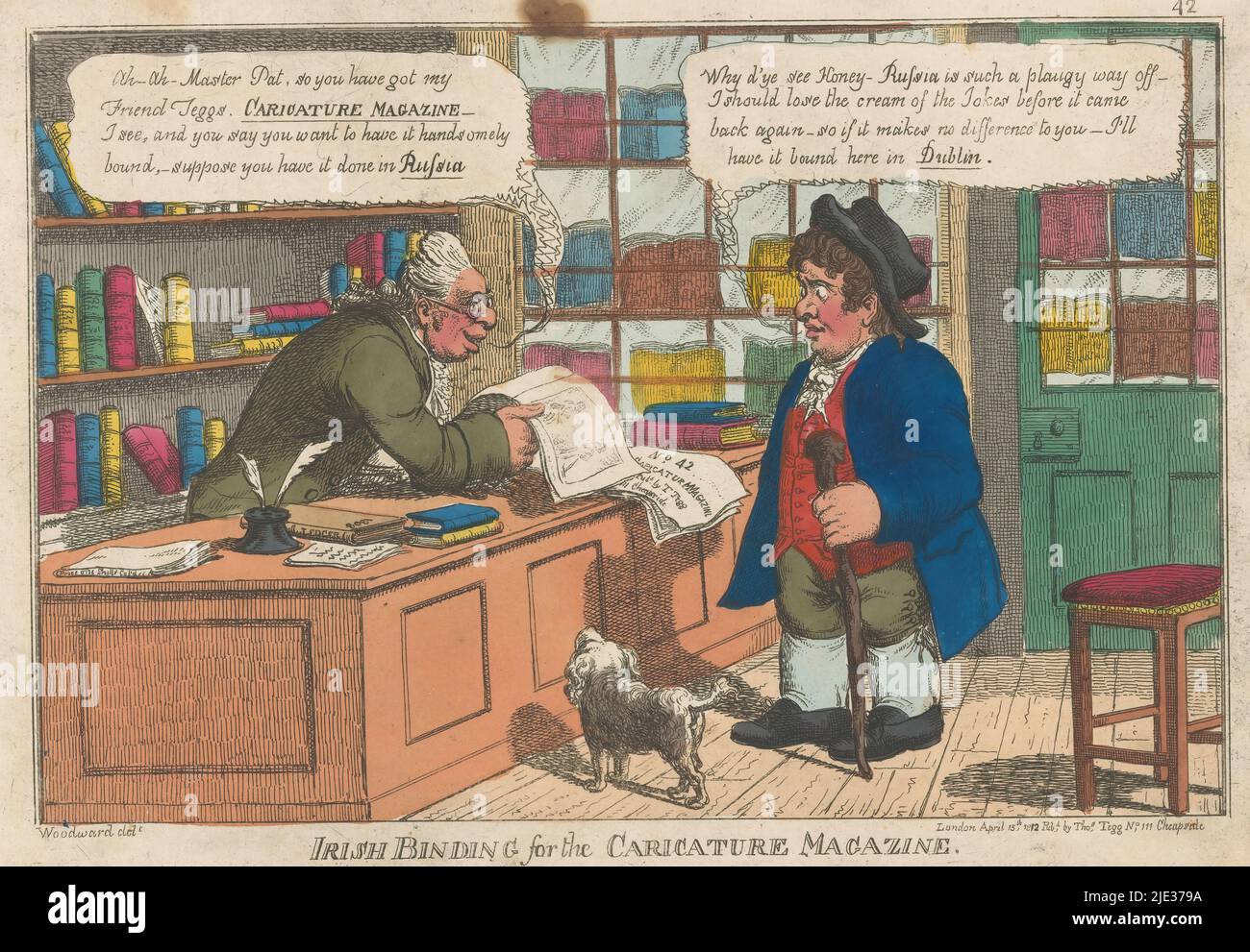 Bookseller talking to a customer, Irish Binding for the Caricature ...