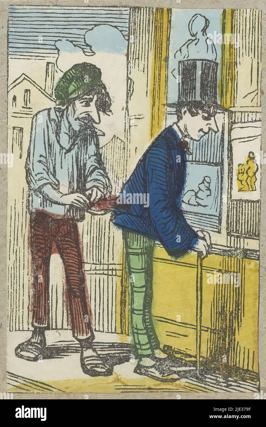 Pickpocket steals from a man standing in front of the window of a print ...