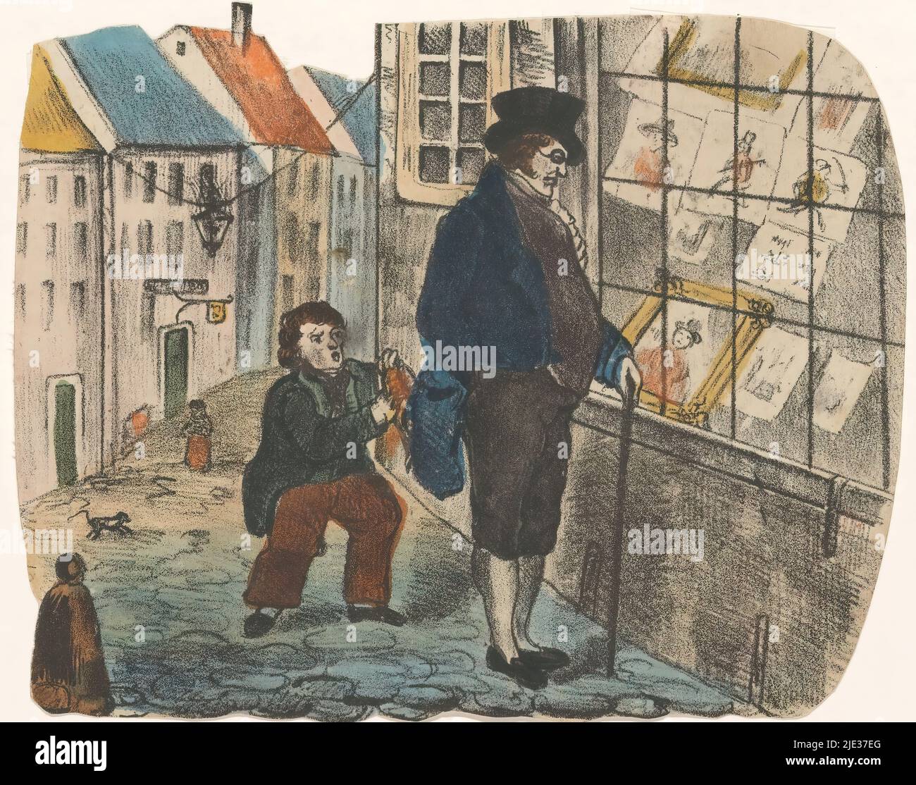 Pickpocket robs a man standing in front of the window of a print shop ...