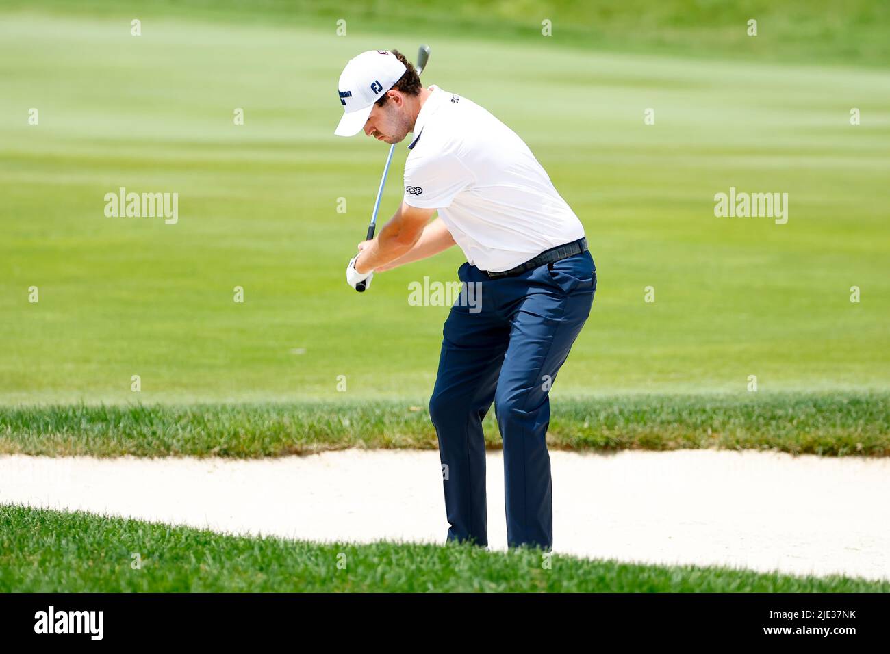 CROMWELL, CT - JUNE 24: Patrick Cantlay hits from the bunker on the 9th ...