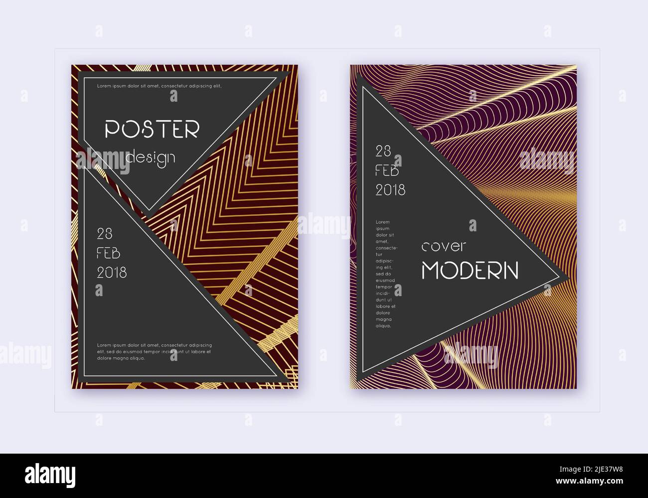 Black cover design template set. Gold abstract lines on maroon ...