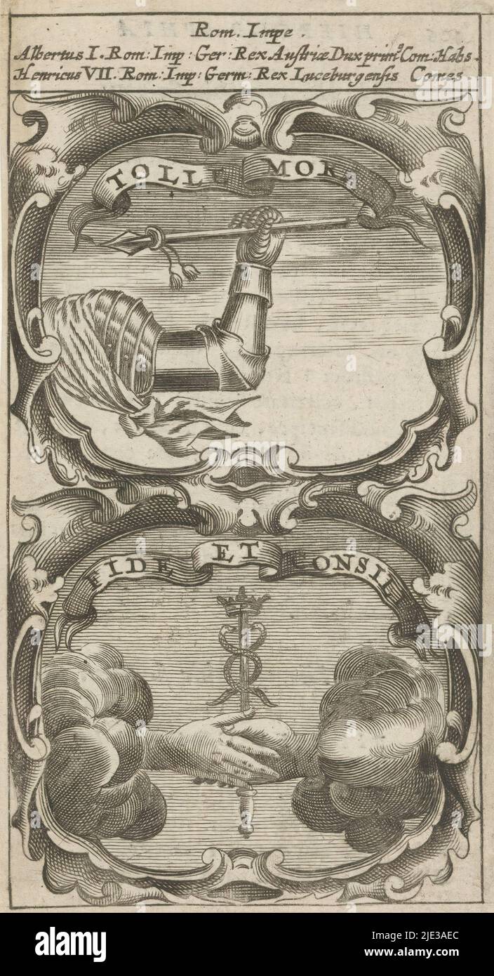 Harnessed arm with spear / Two hands and a staff with a crowned ...