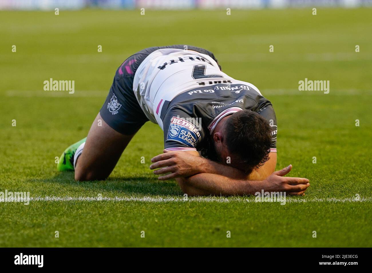 Luke Gale #7 of Hull FC lies on the ground after taking a knock to the ...