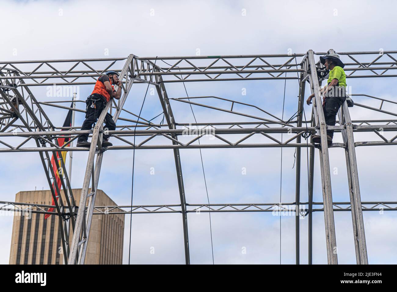 24 June 2022: Workers on a building construction in Adelaide, Australia ...