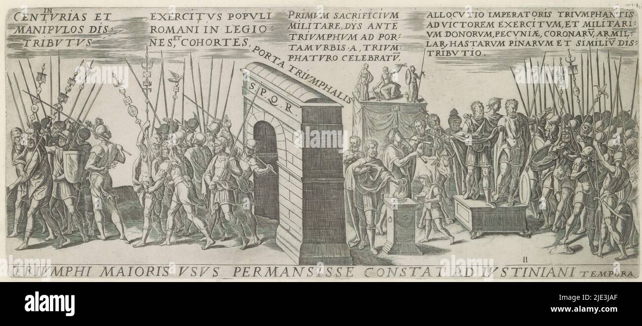 Triumph procession with soldiers passing under a triumphal arch ...