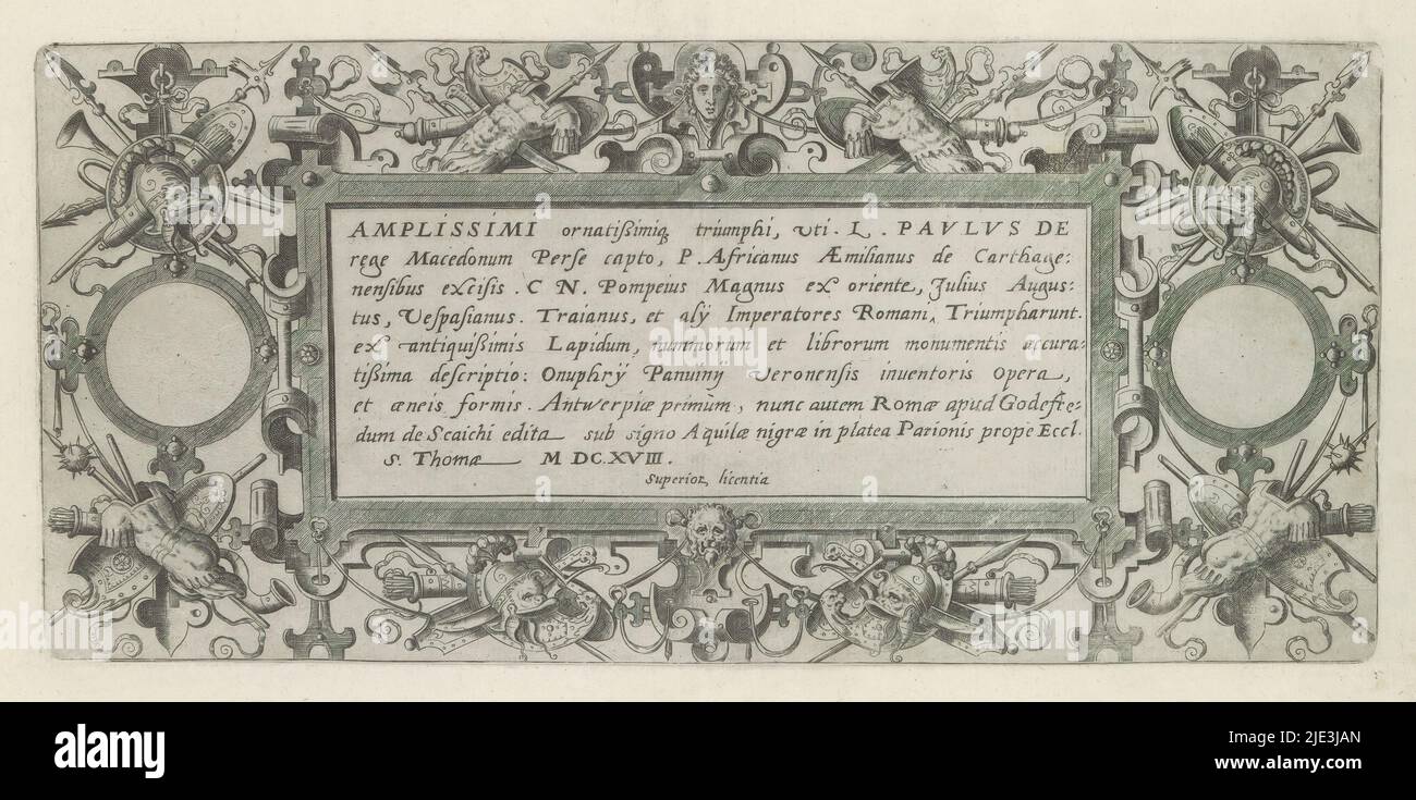 Title print with ornamental frame with weaponry and scrollwork, Roman ...