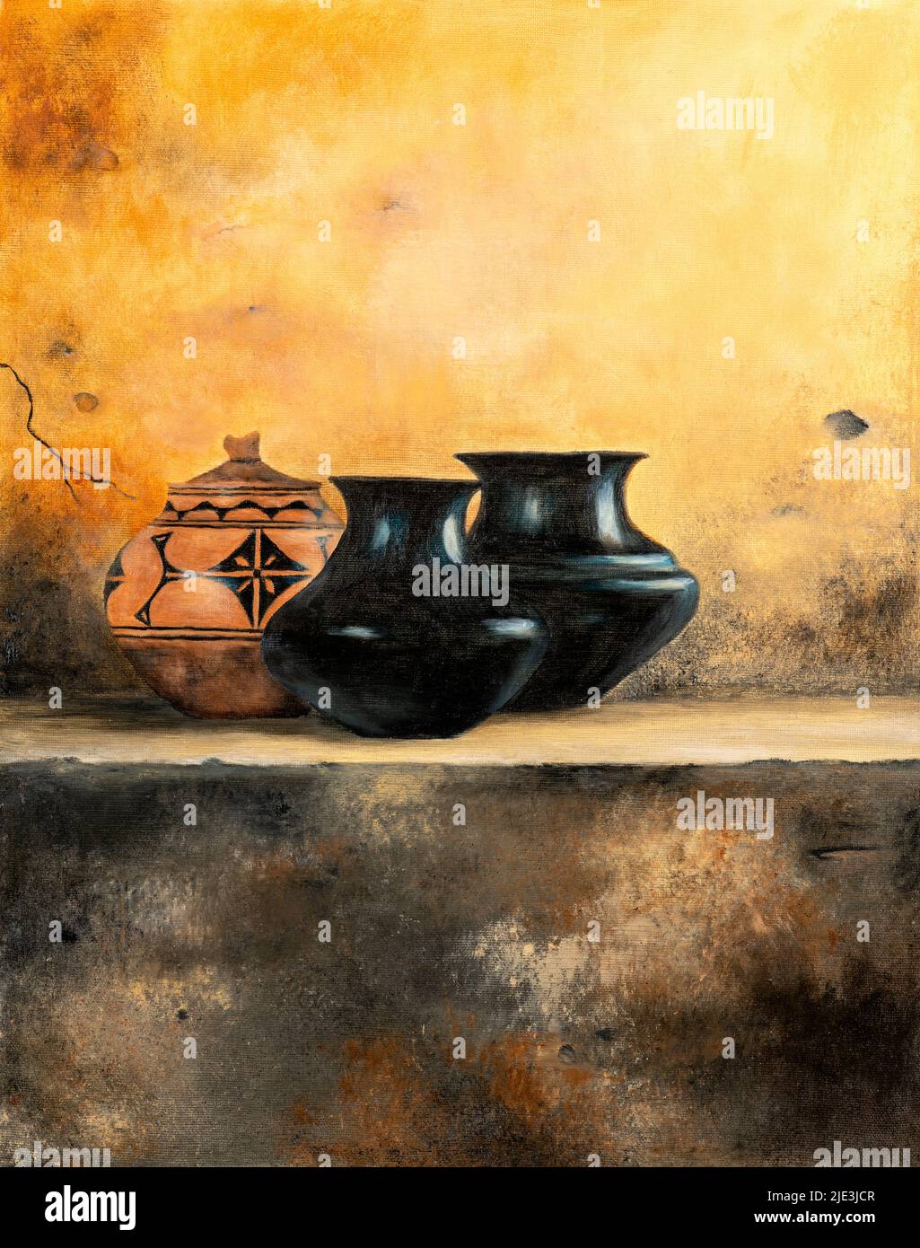 Oil painting of still life with American Indian style clay pots Stock ...