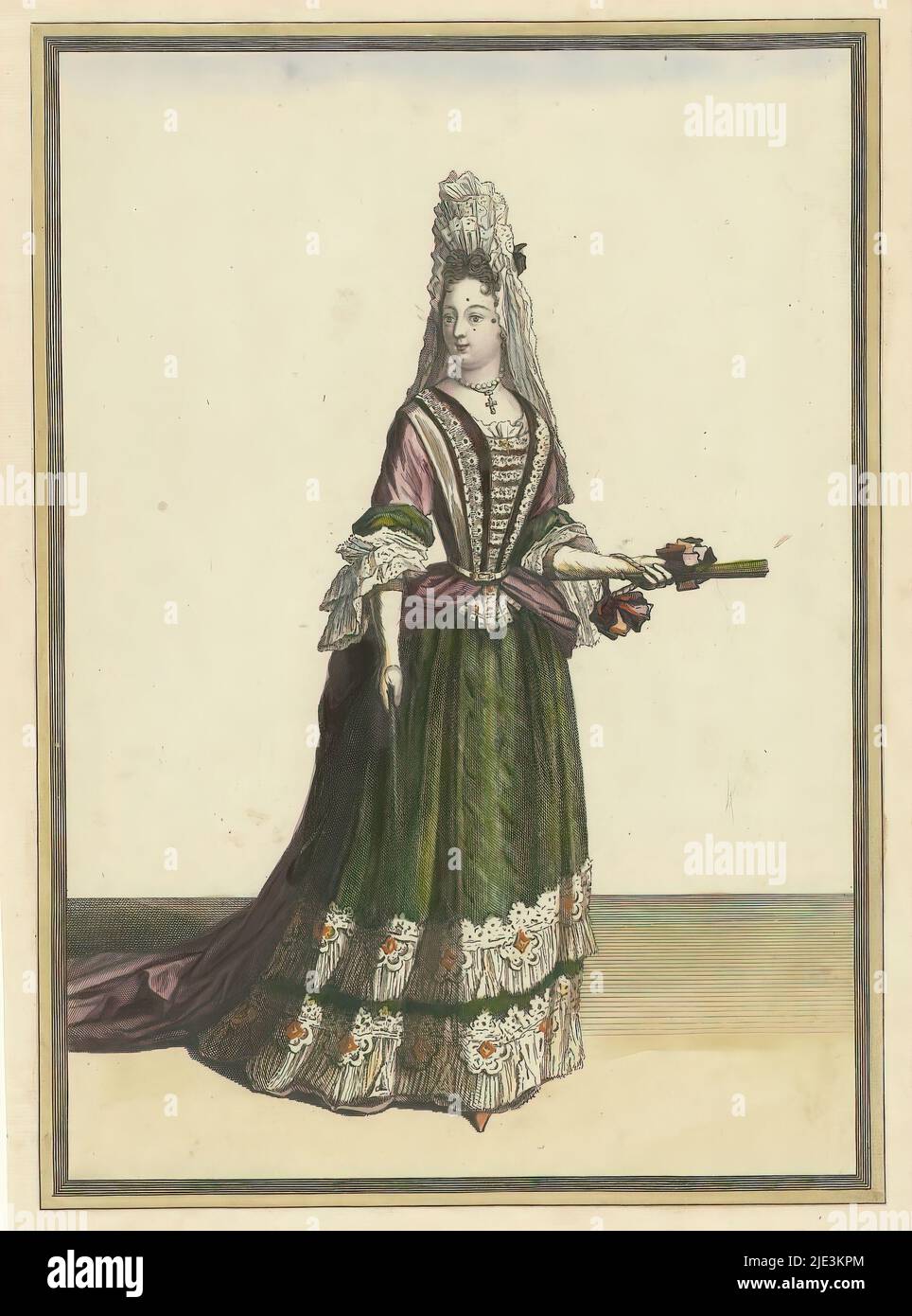 Lady with fontange hairstyle, fan in left hand., print maker: Robert ...