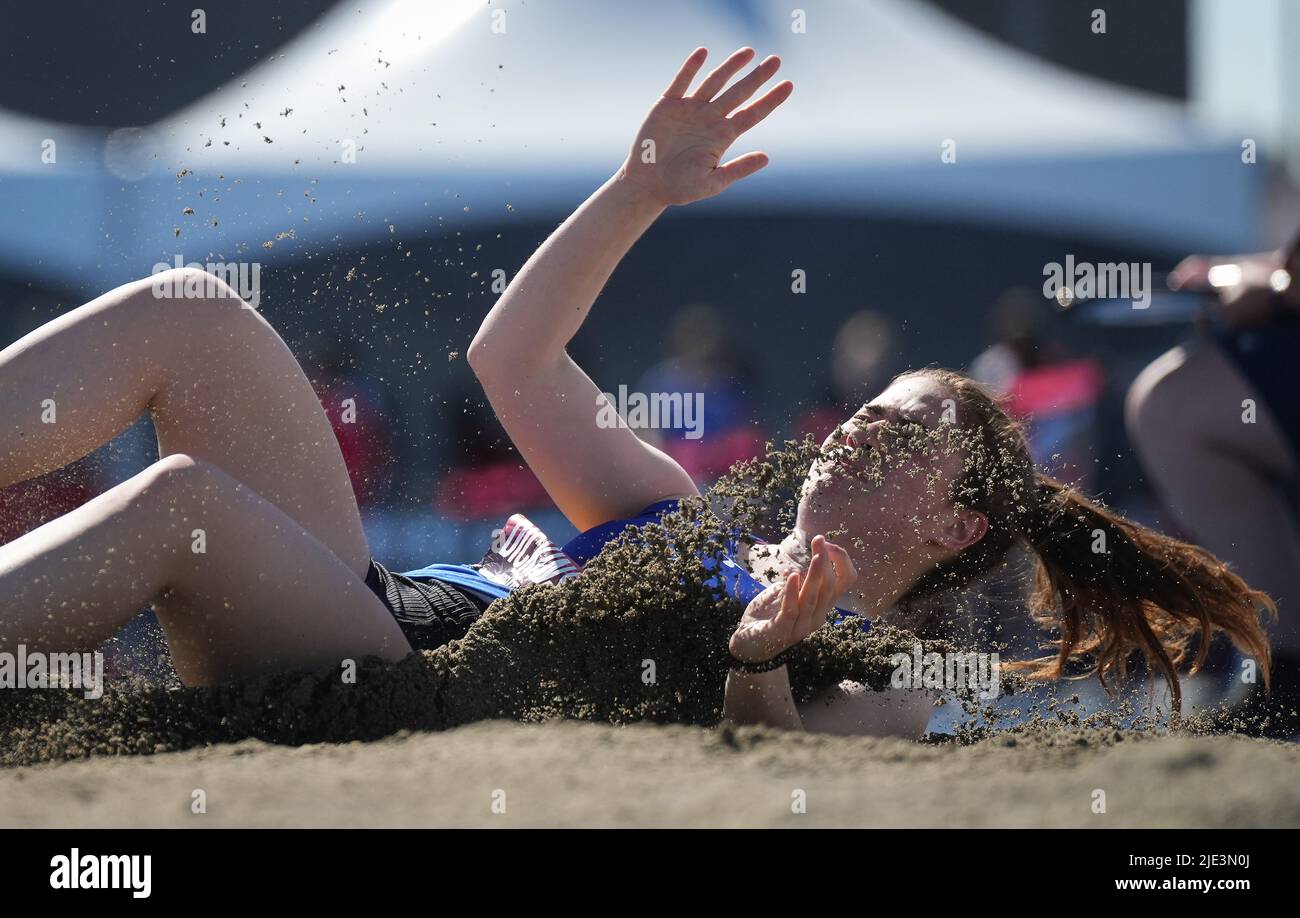 Makayla Dickinson, of Victoria, B.C., competes in the women's long jump ...