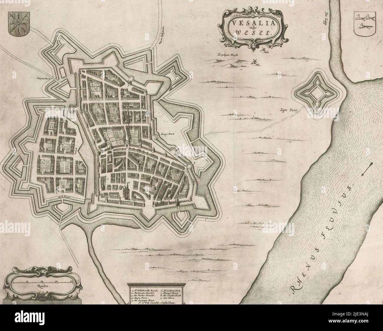 Map of Wesel, Veselia vulgo Wesel (title on object), Top left the coat ...