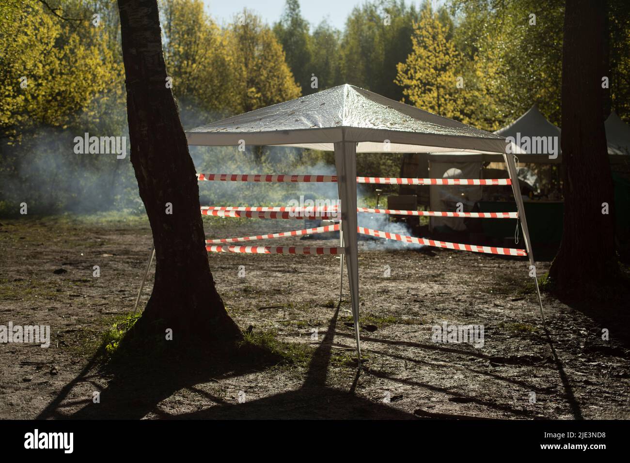 Tent in woods. Fenced camping. Rest in forest in detail Stock Photo - Alamy
