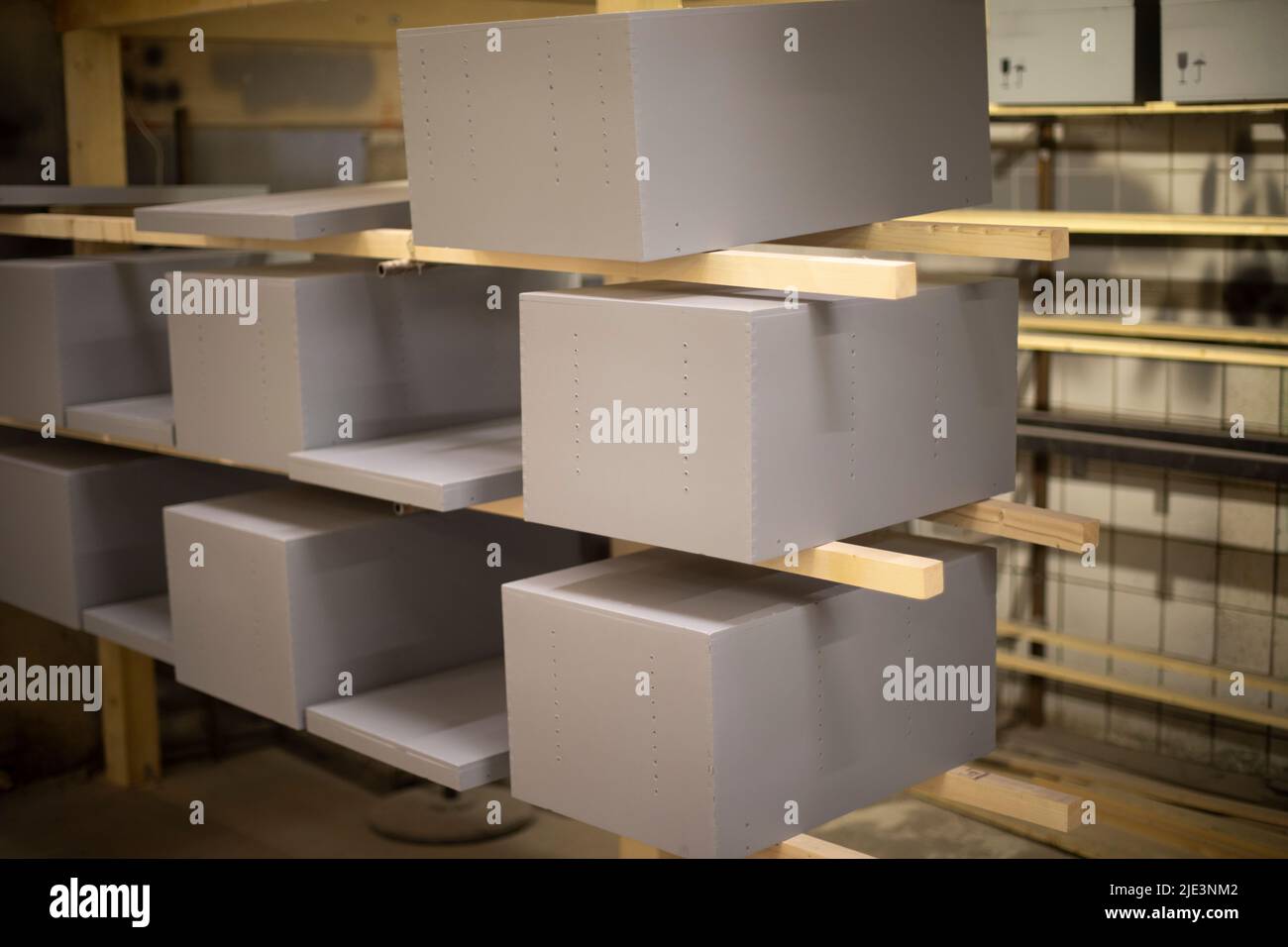 Drawers in carpentry workshop. Making boxes. Product made of boards ...