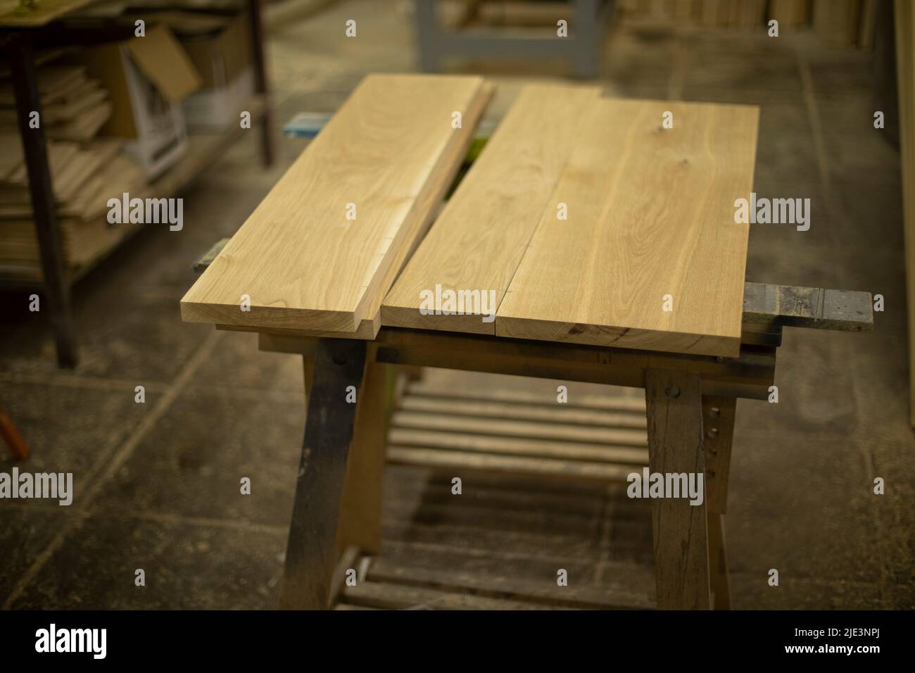 Workbench for boards. Table in carpentry workshop. Carpenter's ...