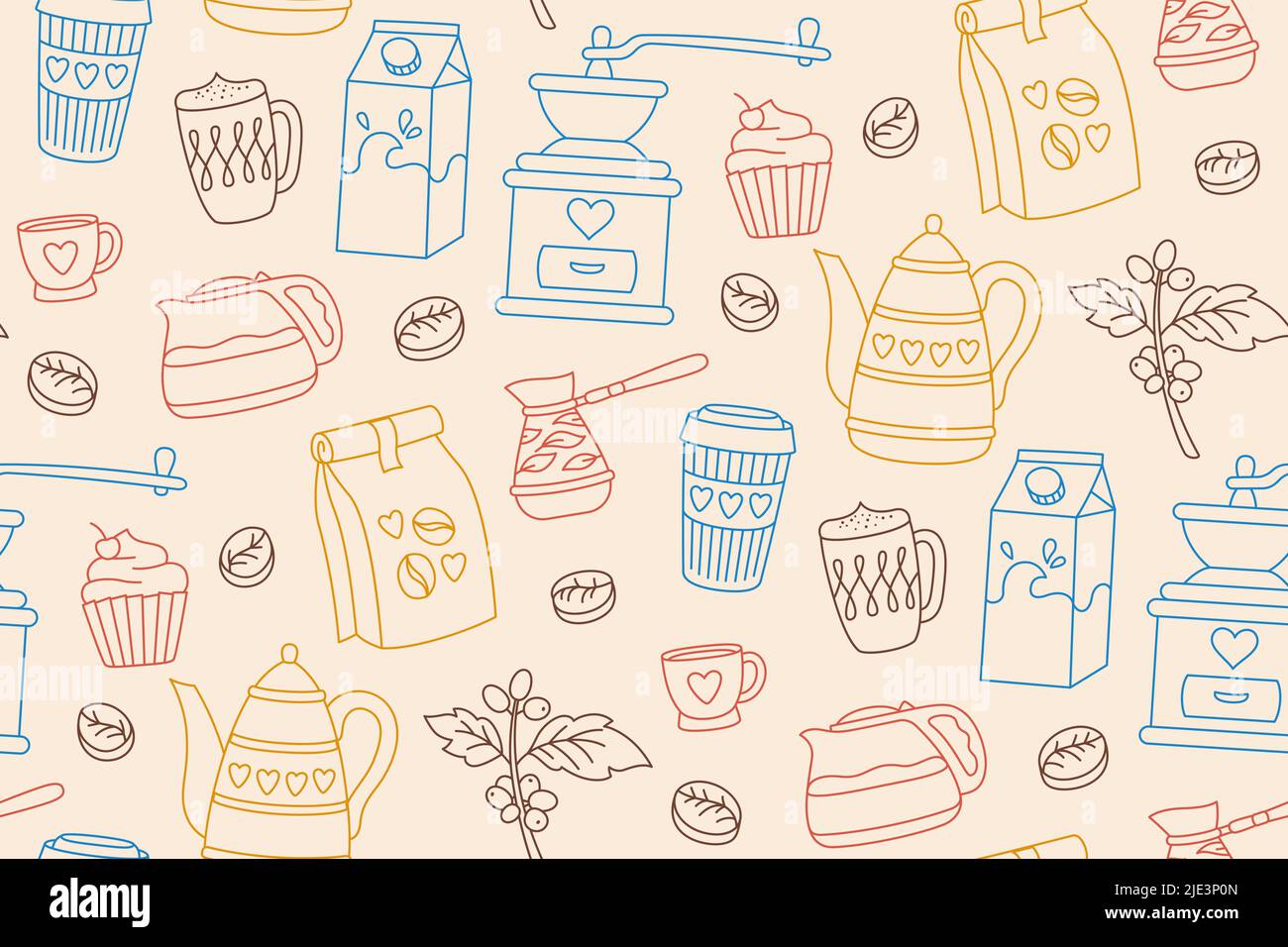 Coffee vintage seamless pattern. Cartoon cup drink, beans and cezve pot ...