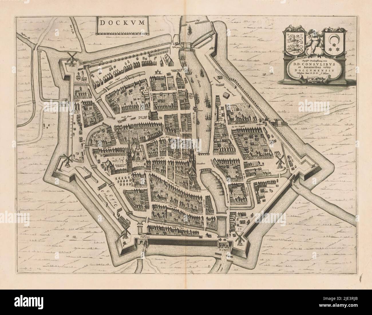 Map of Dokkum, Dockum (title on object), Map in bird's eye perspective ...