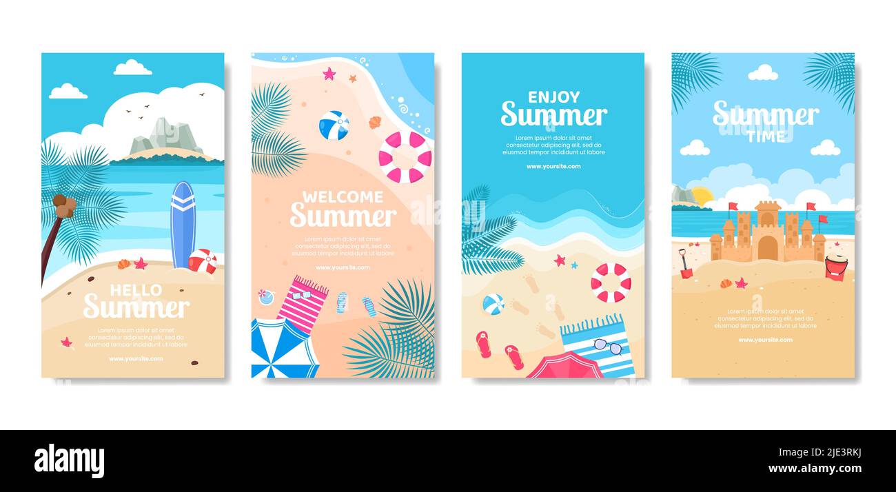 Hello Summer Social Media Stories Template Flat Cartoon Background ...