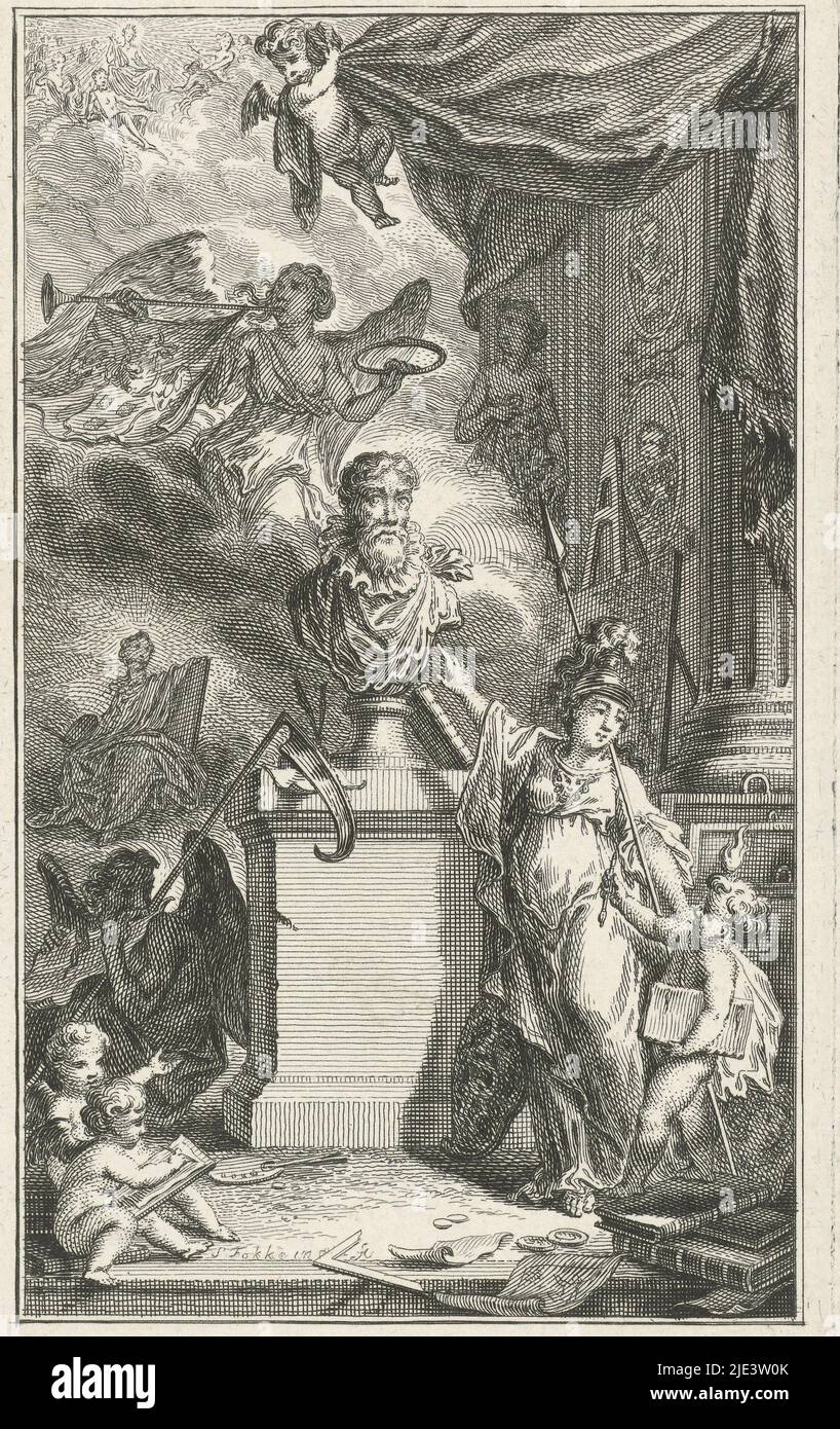 The portrait bust of Karel van Mander is honored by a trumpet-blowing ...