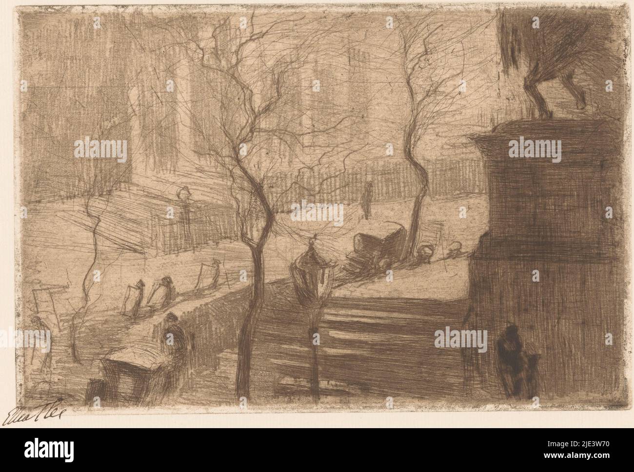 Walking figures, an equestrian statue, trees and a lamppost in ...