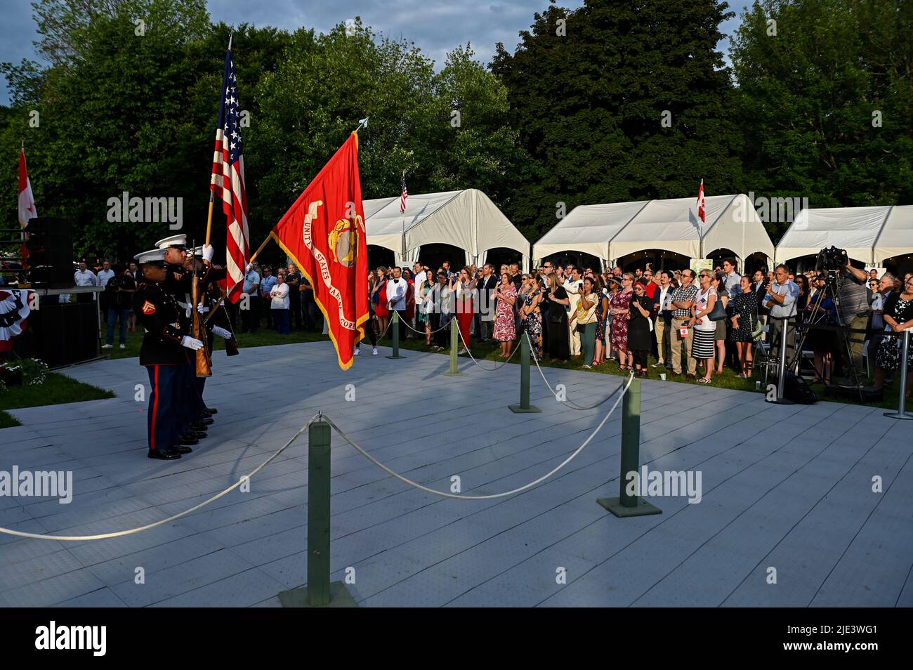 A U.S. Marine colour guard performs in front of guests during Fourth of ...