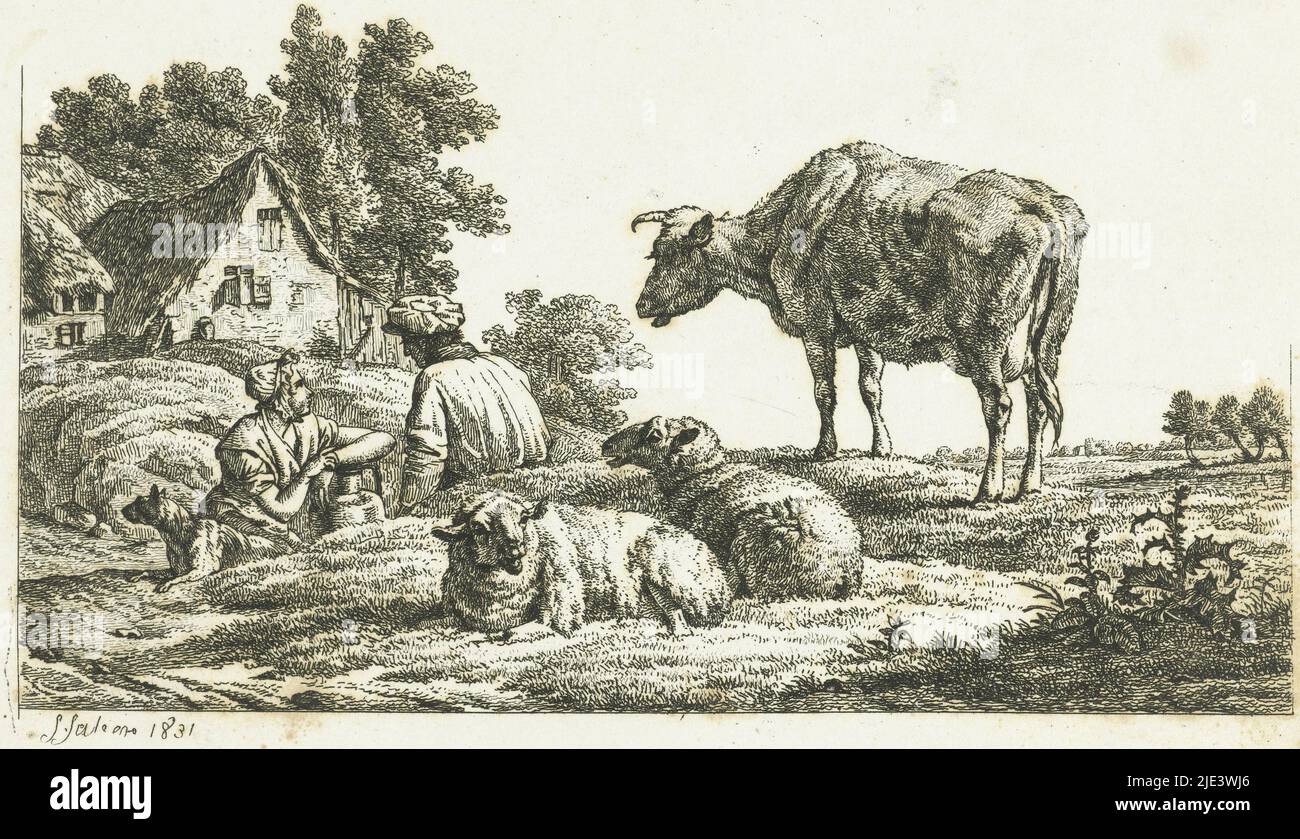 Peasant couple in pasture, Frédéric Théodore Faber, 1831, In a rolling ...