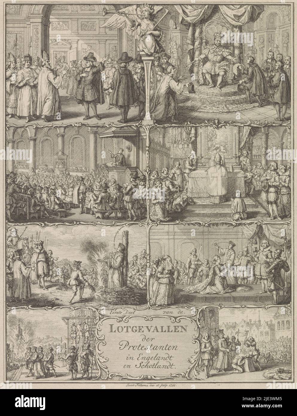 Eight historical scenes depicting fortunes of Protestants in England ...